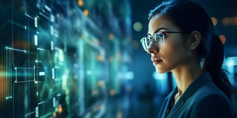 Premium Photo A Woman Programmer Engrossed In Analyzing Data In A