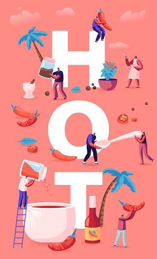 뜨거운 칠리 컨셉으로 음식을 요리하는 사람들 접시 포스터 배너 전단지 브로셔를 만들기위한 붉은 고추와 검은 후추 재료를 사용하여 남성과 여성 캐릭터 만화 플랫 벡터 일러스트