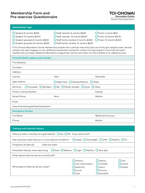Fillable Online Membership Form And Pre Exercise Questionnaire Fax Email Print Pdffiller