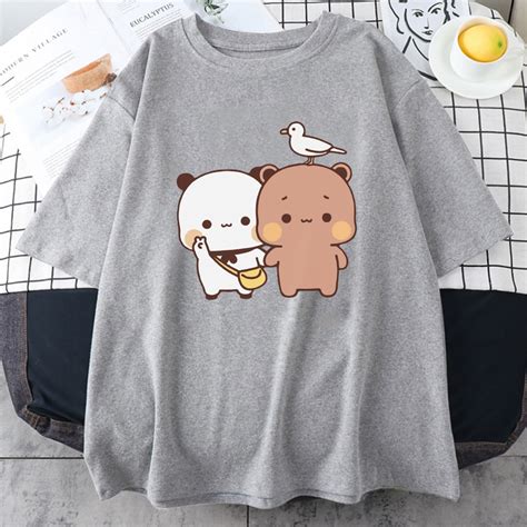 귀여운 곰 티셔츠 Bubu Dudu 만화 코튼 반팔 여성 카와이 여름 웨어 탑스 티몬
