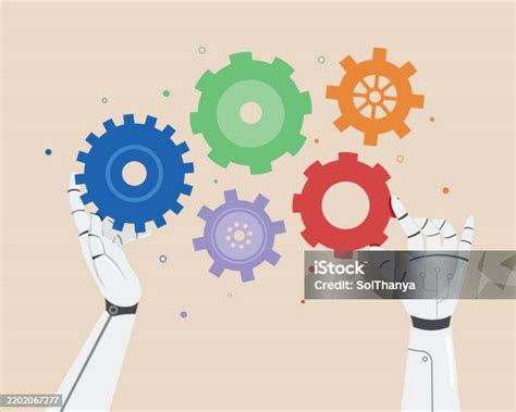기어를 가진 Ai 로봇의 손 비즈니스 산업 로봇 공장 개념 기술 산업 및 기술과의 팀워크에 대한 개념 개념에 대한 스톡 벡터 아트 및 기타 이미지 Istock