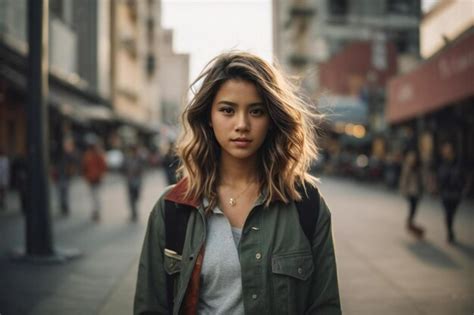 Premium Photo Analog Style Portrait Of Beautiful Girl In City Background
