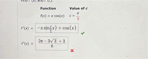 Solved Function Value of cf x xcos x c π f x f c Chegg