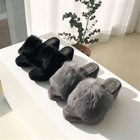 나리나 리얼 토끼털 웨지 슬리퍼힐 퍼뮬 털슬리퍼 위시버킷