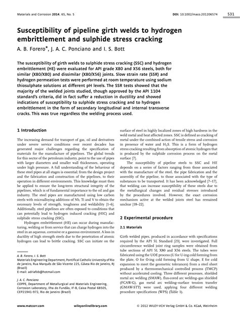 Pdf Susceptibility Of Pipeline Girth Welds To Hydrogen Embrittlement And Sulphide Stress Cracking