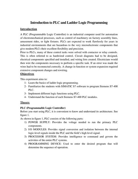 SOLUTION Introduction To Plc And Ladder Logic Programming Studypool