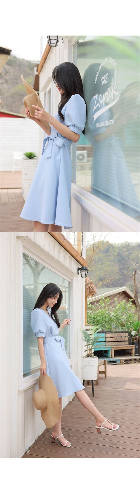 벌룬소매 랩스타일 플레어 원피스 반팔