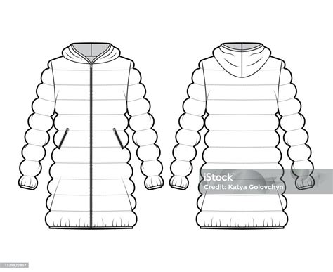 후드 재킷 다운 퍼퍼 코트 테크니컬 패션 일러스트러 지퍼업 클로저 허벅지 길이 클래식 퀼팅 0명에 대한 스톡 벡터 아트 및 기타