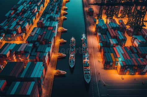 Shipping Container Port Illustration With Giant Cargo Ships Ai Generated Stock Illustration