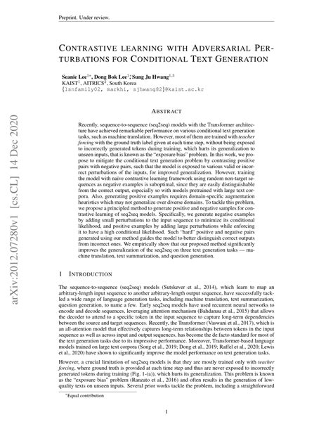Pdf Contrastive Learning With Adversarial Perturbations For Conditional Text Generation