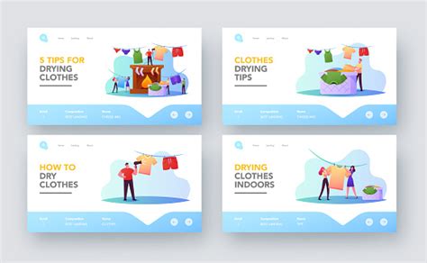 젖은 옷 방문 페이지 템플릿 세트를 건조 작은 문자 로프와 불에 젖은 옷을 걸수 있는 사람들 가정 의무 말리기에 대한 스톡 벡터 아트 및 기타 이미지 Istock