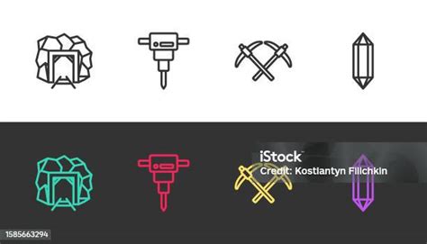 광산 입구 건설 착암기 곡괭이 보석을 흑백으로 설정합니다 벡터 건설 산업에 대한 스톡 벡터 아트 및 기타 이미지 건설 산업