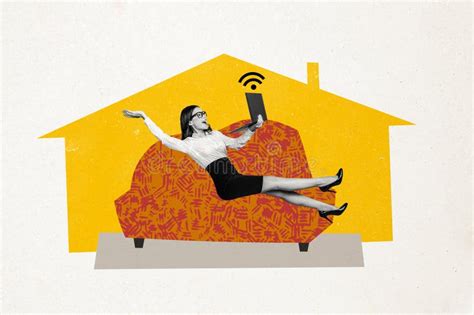 Composite Photo Collage Of Happy Girl Sit Sofa Macbook Wifi Emblem 5g