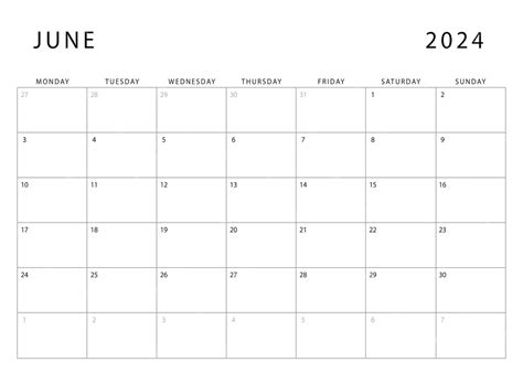 Календарь на июнь 2024 года Начало понедельника Шаблон ежемесячного планировщика Векторный