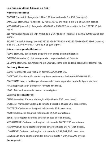 Los Tipos De Datos Básicos En Sql Pdf