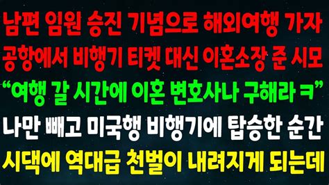 실화사연 남편 임원 승진해 해외여행 가자 공항에서 비행기 티켓 대신 이혼소장 준 시모 여행 갈 시간에 변호사나 구해라 나만 빼고 비행기에 탄 순간 역대급 천벌이