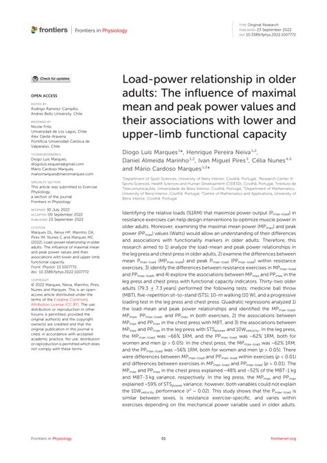 Pdf Load Power Relationship In Older Adults The Influence Of Maximal