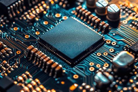 Close Up Of Microchip On Circuit Board With Intricate Details Glowing