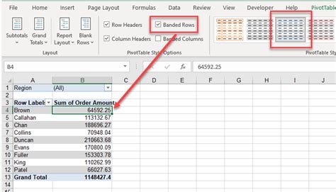 pivot table banded rows not working