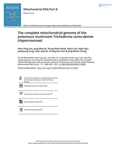 Pdf The Complete Mitochondrial Genome Of The Poisonous Mushroom Trichoderma Cornu Damae