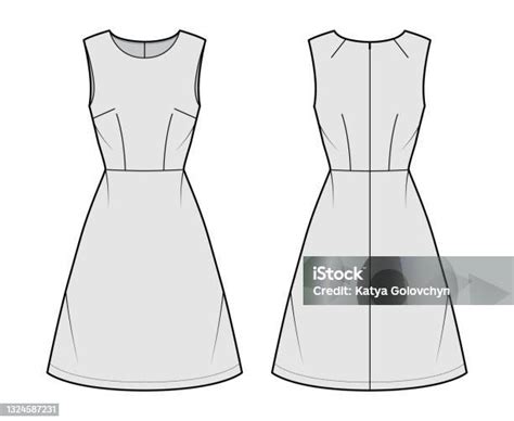 드레스 A 라인 기술 패션 일러스트 와 민소매 장착 바디 천연 허리 라인 무릎 길이 스커트 플랫 0명에 대한 스톡 벡터 아트 및 기타 이미지 Istock