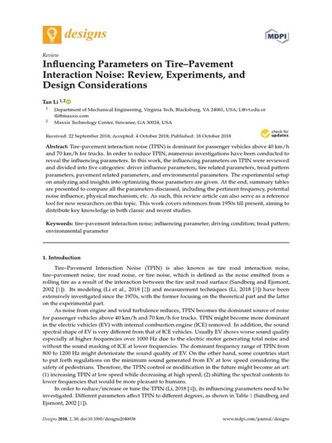 Designs Influencing Parameters On Tire Pavement Interaction Noise Review Experiments And