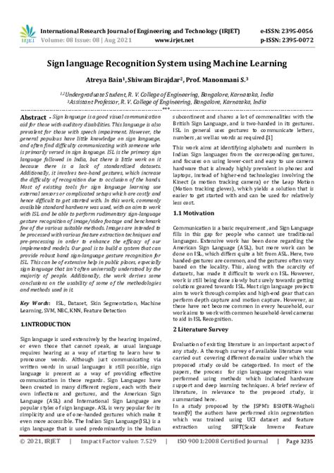 Pdf Irjet Sign Language Recognition System Using Machine Learning