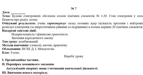 Конспект уроку для учнів 8 класу з теми «Будова електронних оболонок атомів хімічних елементів