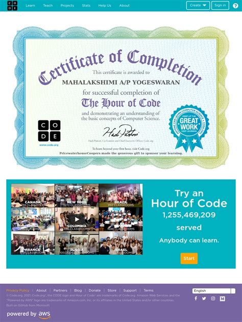 Certificate For Completion Of One Hour Of Code Pdf