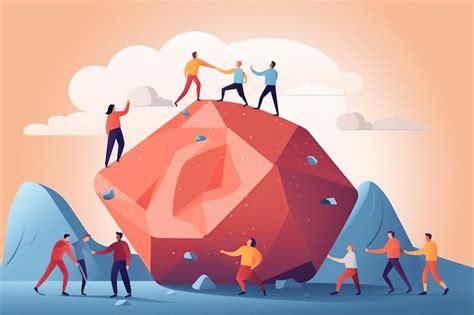 Premium Photo Unified Effort Coworkers Pushing Boulder Uphill In Teamwork Display