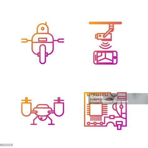설정 라인 인쇄 회로 기판 Pcb 액션 카메라 로봇 및 무선 제어 Cctv 보안 카메라와 비행 무인 항공기 그라데이션 색상 아이콘입니다 벡터 0명에 대한 스톡 벡터 아트 및