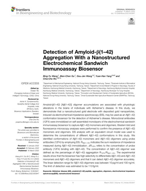 Pdf Detection Of Amyloid β 1 42 Aggregation With A Nanostructured Electrochemical Sandwich