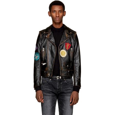 Saint Laurent Black Leather Multi Patch Motorcycle Jacket For Men Lyst