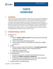 Torts Overview Pdf TORTS OVERVIEW TORTS OVERVIEW I IN BRIEF A Tort Is A Civil Wrong