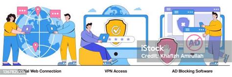 글로벌 웹 연결 vpn 액세스 작은 사람들과 의 광고 차단 소프트웨어 개념 네트워크 액세스 벡터 일러스트레이션 집합입니다 원격