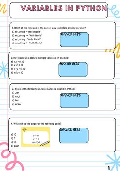 Introduction To Variables In Python Programming WORKSHEETS Digital Resource