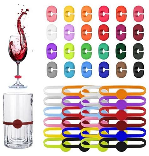 48피스 와인 글라스 참 마커 다채로운 실콘 유 방수 음료 칵테일 컵 샴페인 라벨 링 병 스트립 태그 바 파 티몬