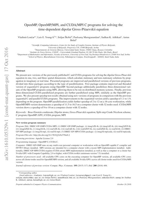 Openmp Openmp Mpi And Cuda Mpi C Programs For Solving The Time Dependent Dipolar Gross