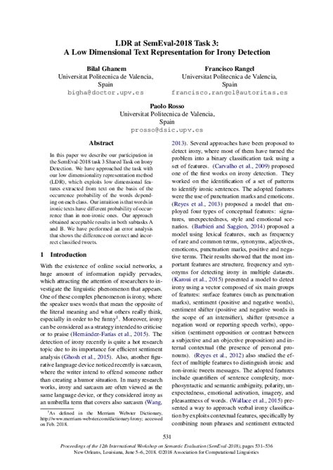 Pdf Ldr At Semeval 2018 Task 3 A Low Dimensional Text Representation For Irony Detection