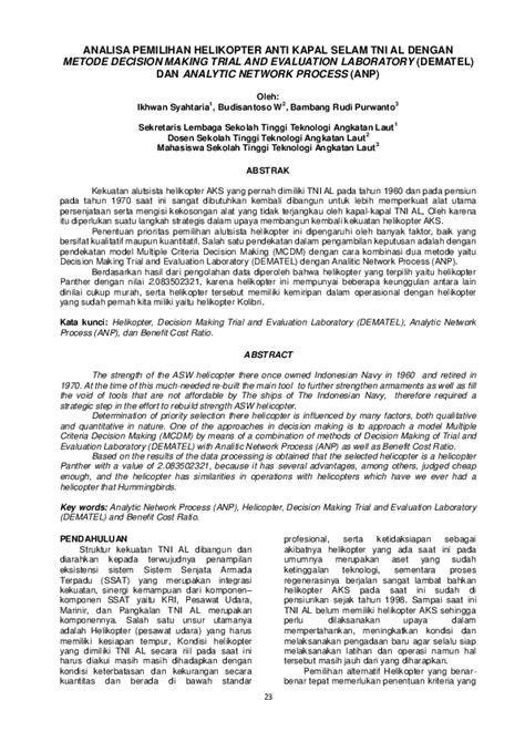 Pdf Analisa Pemilihan Helikopter Anti Kapal Selam Tni Al Dengan Metode Decision Making Trial