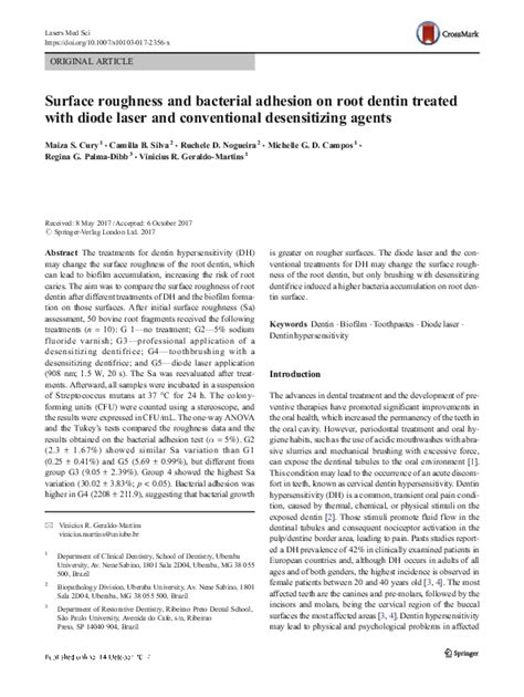 Pdf Surface Roughness And Bacterial Adhesion On Root Dentin Treated With Diode Laser And