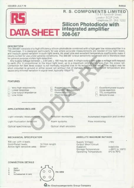 Silicon Photodiode Integrated Amplifier Radiospares 1979 Data Sheet 308