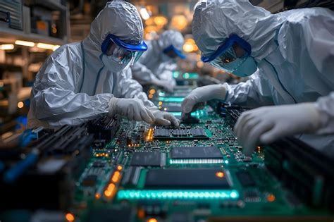 Technicians Assembling Electronic Components In A Cleanroom Facility