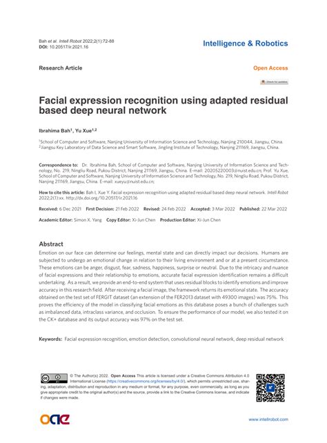 Pdf Intelligence And Robotics Facial Expression Recognition Using Adapted Residual Based Deep