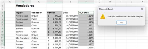 Erro Esta ação não funciona em várias seleções no Excel Automate Excel