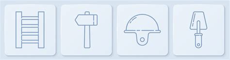 세트 라인 나무 계단 작업자 안전 헬멧 망치와 흙을 설정합니다 흰색 사각형 버튼입니다 벡터 갈고리 발톱에 대한 스톡 벡터 아트 및 기타 이미지 Istock