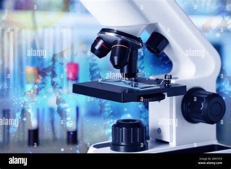 Genetic Testing Microscope And Illustration Of Dna Structure In