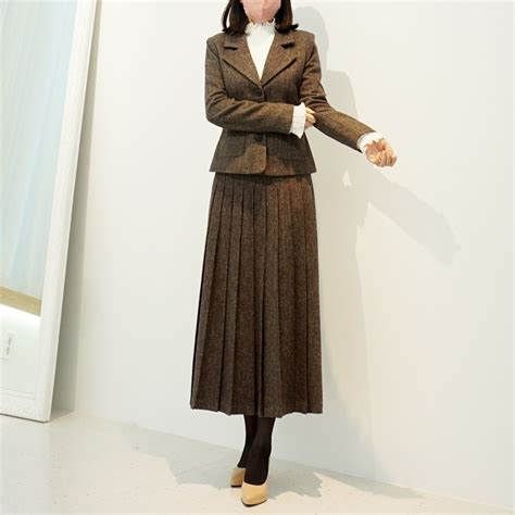 겨울 울 헤링본 여성 정장 세트 싱글 자켓 스커트 투피스 셋업수트 오피스룩 유니폼 스타일라떼