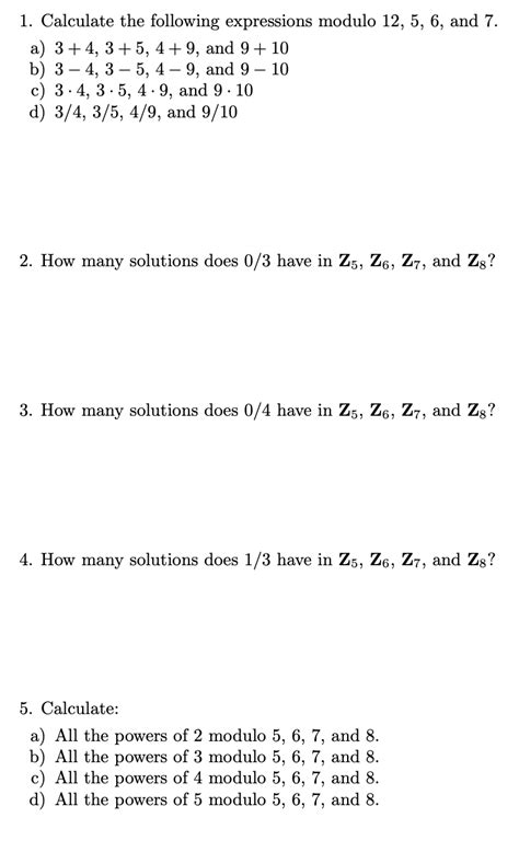 Solved 1 Calculate The Following Expressions Modulo 1256