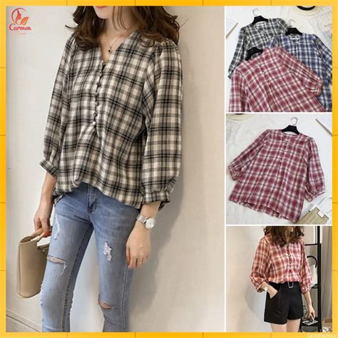 Jual Blouse Wanita Lengan Panjang V Neck Motif Kotak Bahan Lembut